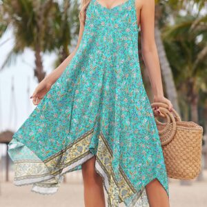 Chigant Women Summer Spaghetti Strap Floral Asymmetrical Irregular Hem Casual Long Dresses Green M