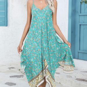 Chigant Women Summer Spaghetti Strap Floral Asymmetrical Irregular Hem Casual Long Dresses Green M