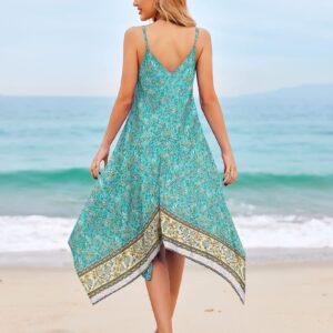 Chigant Women Summer Spaghetti Strap Floral Asymmetrical Irregular Hem Casual Long Dresses Green M