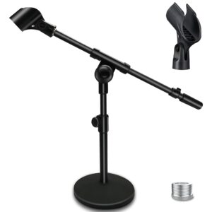 mictop adjustable desktop mic stand, desk stand tabletop table top microphone stand with mic clip for handheld microphone, boom arm, 5/8" male to 3/8" female screw adapter