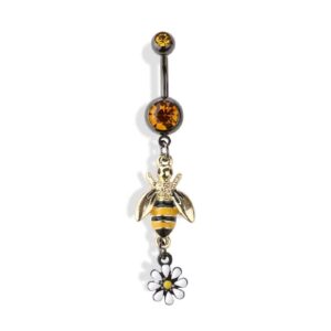 pierced owl 14ga double jeweled bumblebee with flower dangle 316l surgical stainless steel navel belly button ring