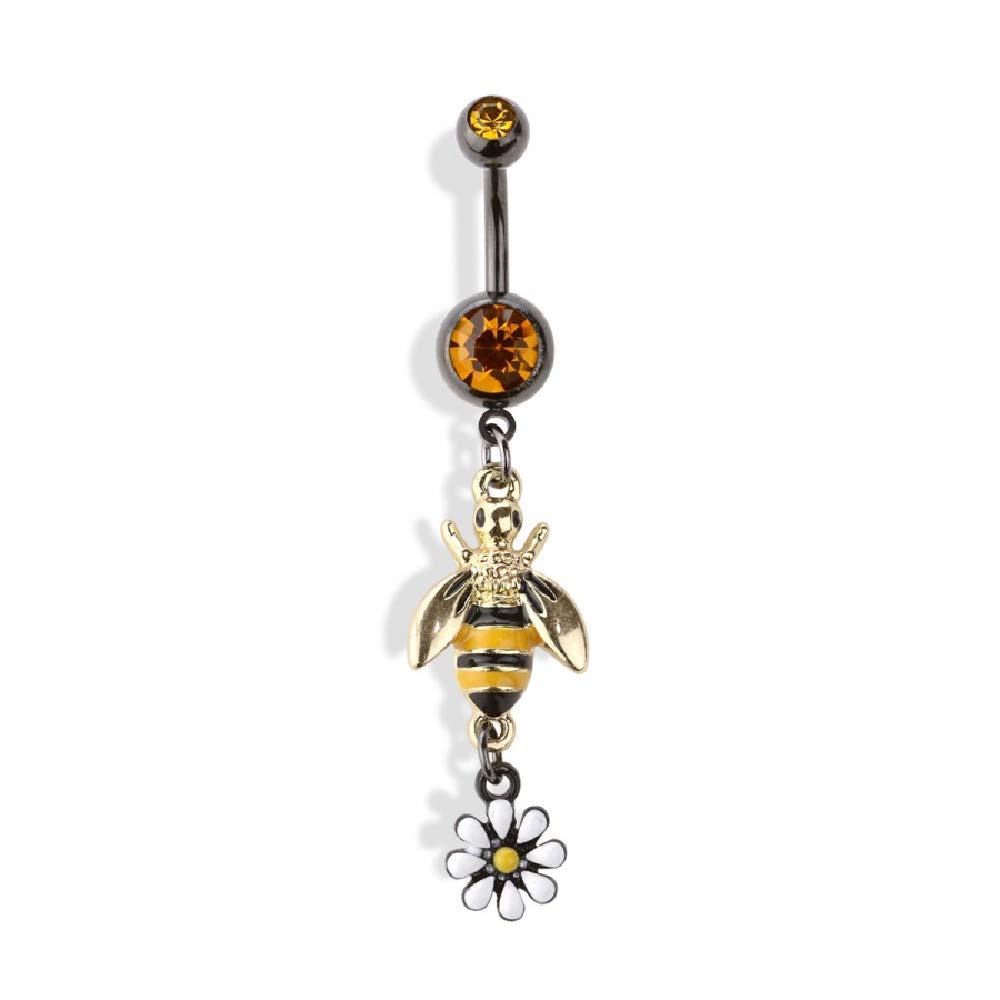 Pierced Owl 14GA Double Jeweled Bumblebee with Flower Dangle 316L Surgical Stainless Steel Navel Belly Button Ring