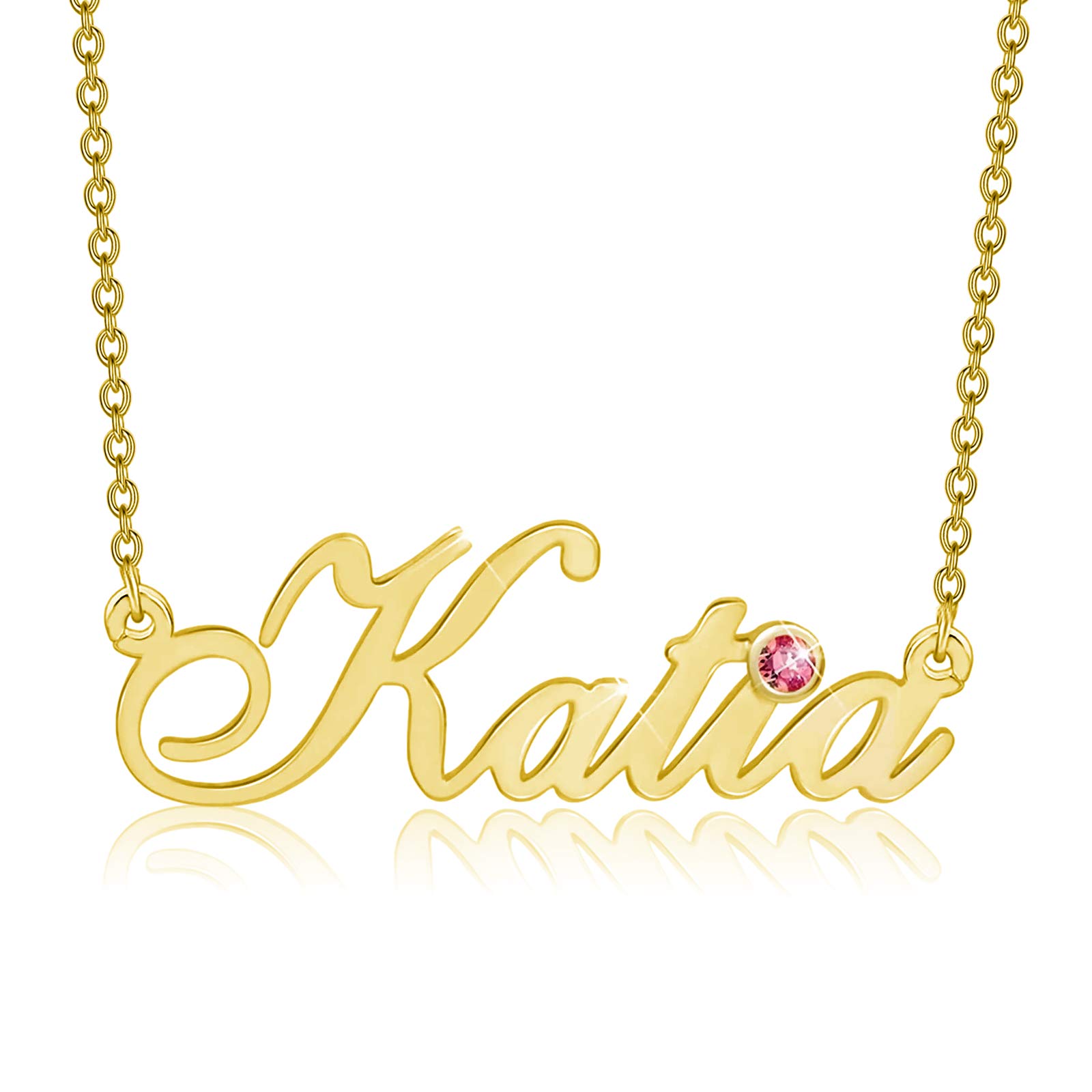 MRENITE 10k 14k 18k Solid Yellow Gold Personalized Name Necklace with Birthstone – Small Dainty Nameplate Jewelry - Custom Any Name Gift for Women Daughter Wife