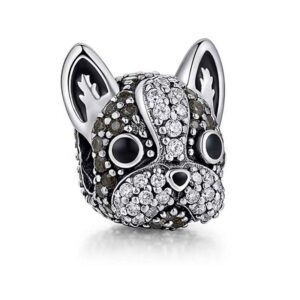 Ginger Lyne Collection French Bulldog Frenchie Boston Terrier Brown or Black Dog Charm for Bracelet or Necklace Round European Bead Sterling Silver CZ Cubic Zirconia