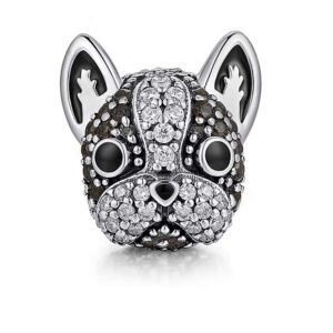 ginger lyne collection french bulldog frenchie boston terrier brown or black dog charm for bracelet or necklace round european bead sterling silver cz cubic zirconia