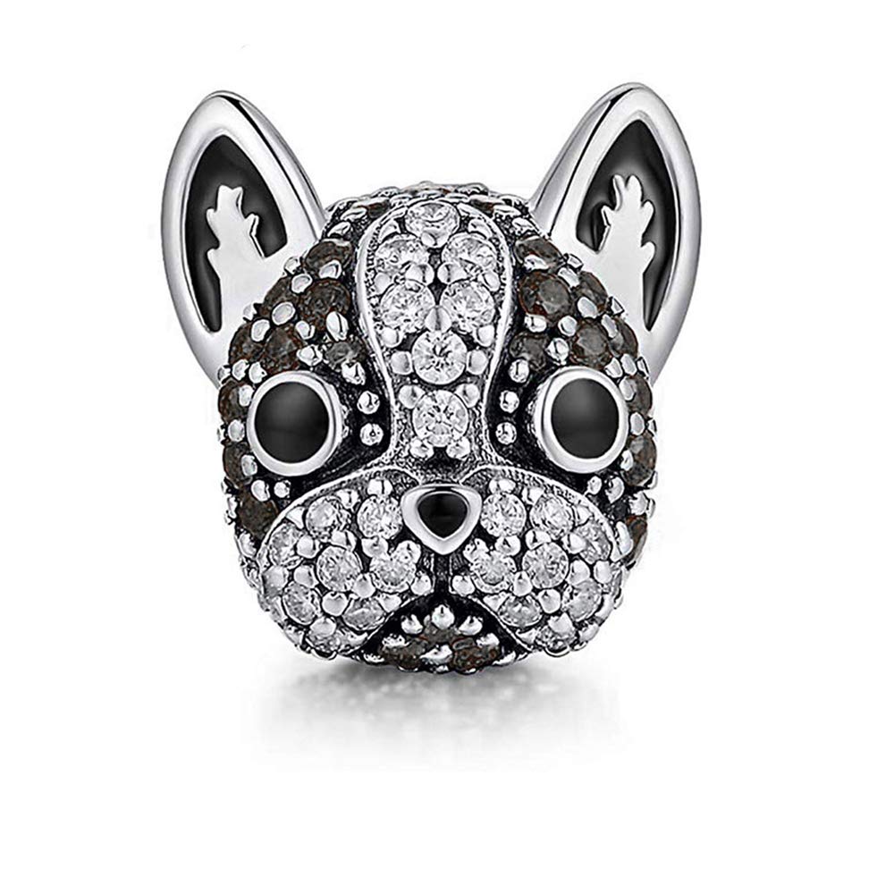 Ginger Lyne Collection French Bulldog Frenchie Boston Terrier Brown or Black Dog Charm for Bracelet or Necklace Round European Bead Sterling Silver CZ Cubic Zirconia