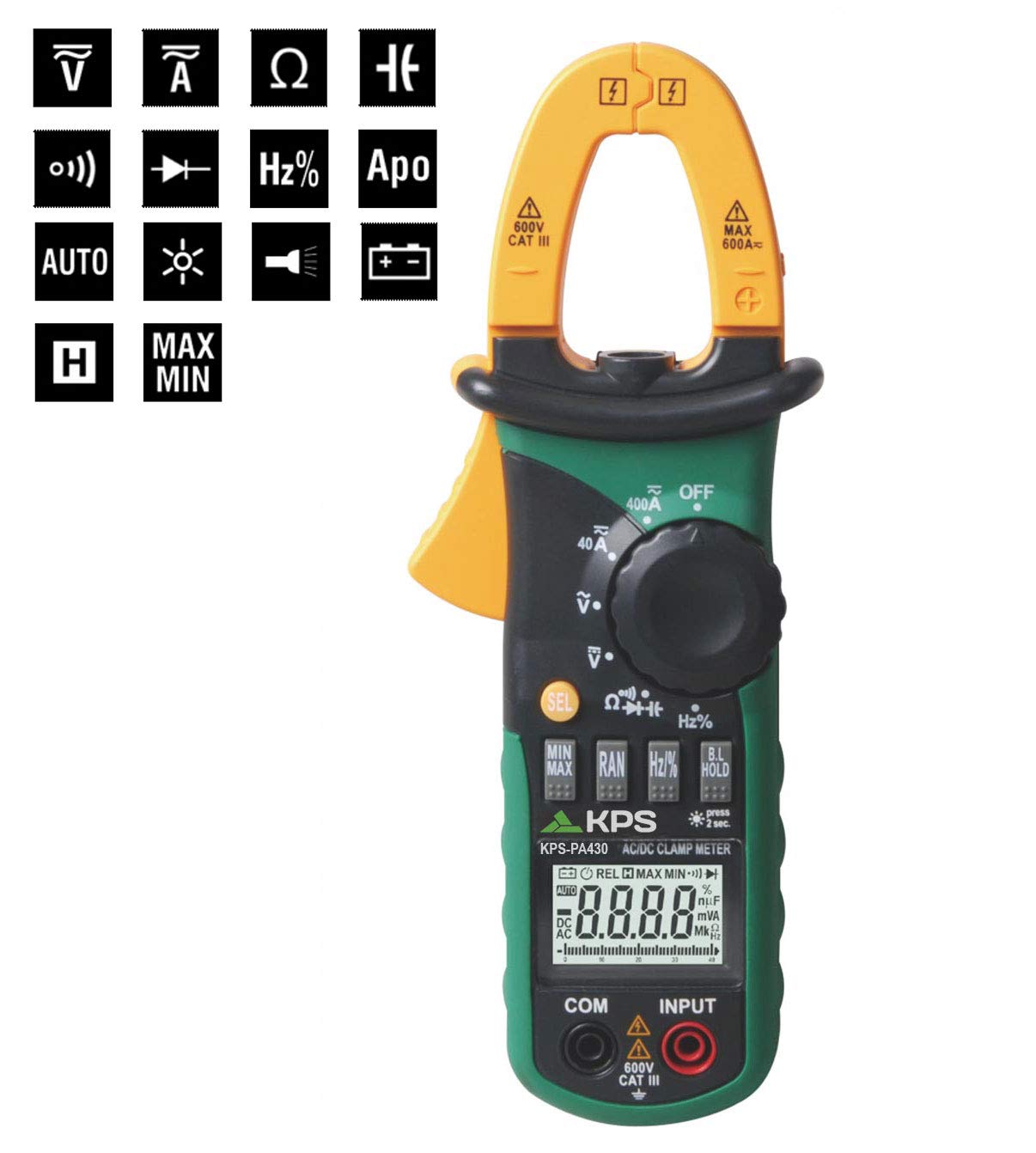 KPS-PA430 Digital Mini Clamp Meter AC/DC Current 400A, AC/CD Voltage 600V, Resistance, Capacity, Duty Cycle 4000 Counts