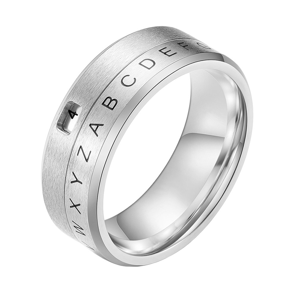 INRENG 8mm Men's Women's Stainless Steel Spinner Ring Alphabet Number Band Decoder Design Jewelry Silver Size 6