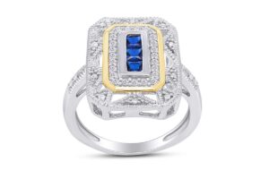 affy princess cut simulated blue sapphire and white cubic zirconia in 14k white gold plated 925 sterling silver two-tone art-deco style ring size:- 7