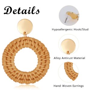 9 Pairs Rattan Earrings for Women Lightweight Acrylic Geometric Statement Woven Earrings Handmade Straw Wicker Braid Hoop Drop Dangle Earrings