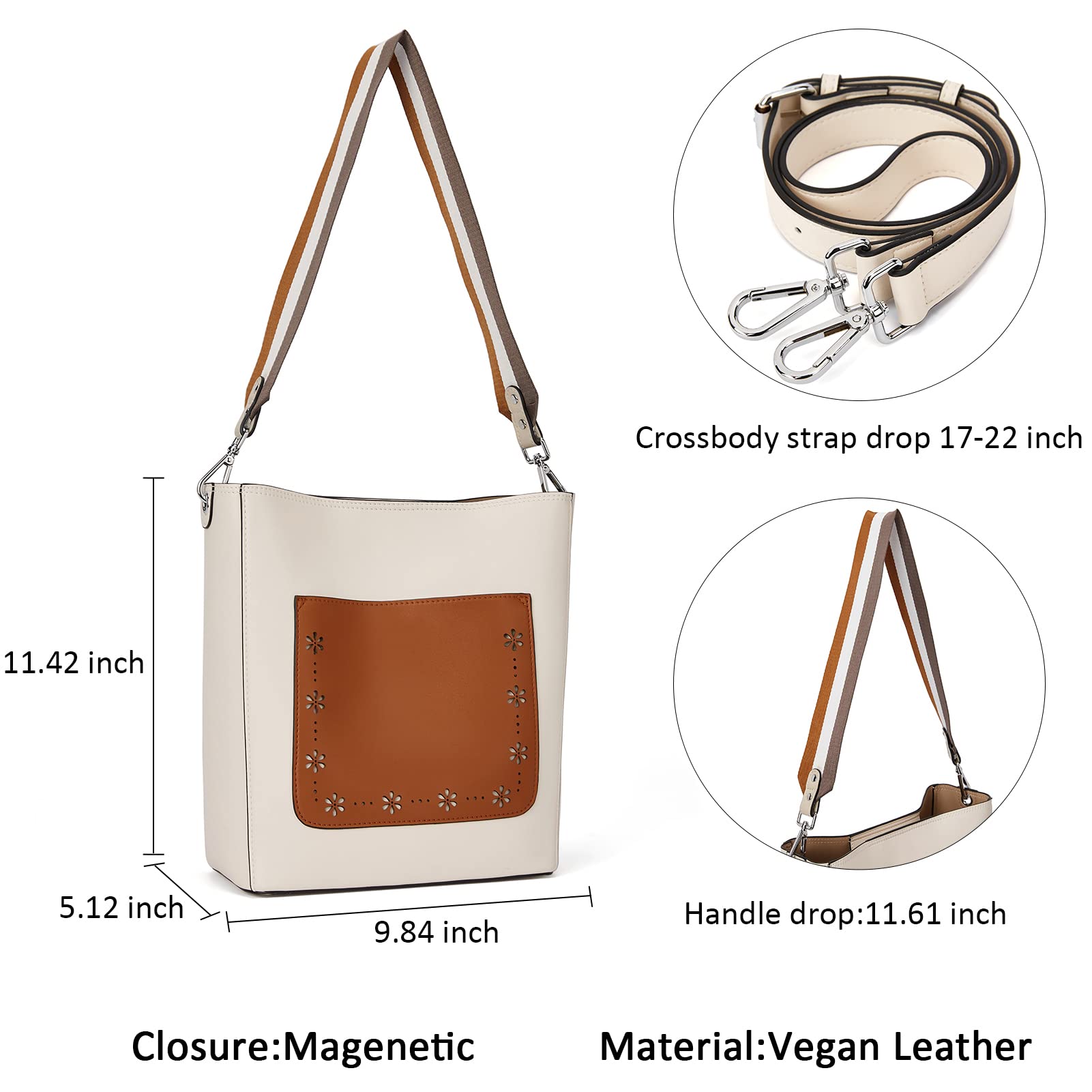 BROMEN Hobo Bags for Women Leather Handbags Designer Shoulder Bucket Crossbody Purse White