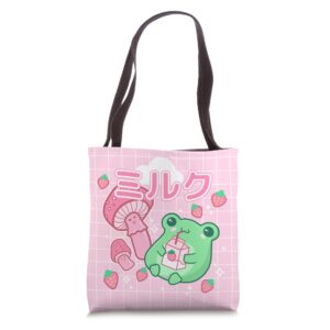 cute cottagecore frog strawberry retro 90s kawaii aesthetic tote bag