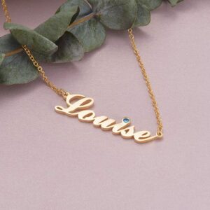 MRENITE 10k 14k 18k Solid Yellow Gold Personalized Name Necklace with Birthstone – Small Dainty Nameplate Jewelry - Custom Any Name Gift for Women Daughter Wife