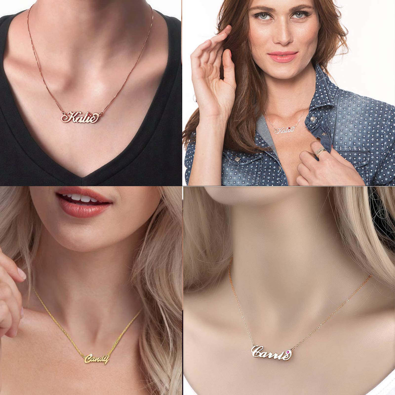 MRENITE 10k 14k 18k Solid Yellow Gold Personalized Name Necklace with Birthstone – Small Dainty Nameplate Jewelry - Custom Any Name Gift for Women Daughter Wife