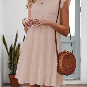 KIRUNDO Women's Summer Dresses 2024 Sleeveless Ruffle Sleeve Round Neck Solid Loose Short Flowy Pleated Mini Babydoll Dress, Apricot, Medium