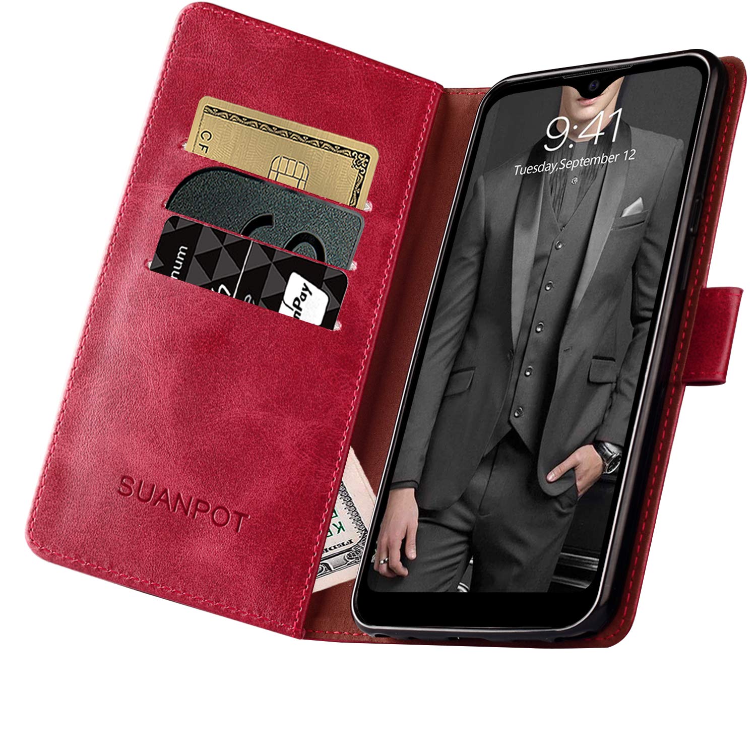 SUANPOT for Samsung Galaxy A12 with RFID Blocking Leather Wallet case Credit Card Holder, Flip Folio Book Phone case Shockproof Cover for Women Men for Samsung A12 case Wallet (Red)