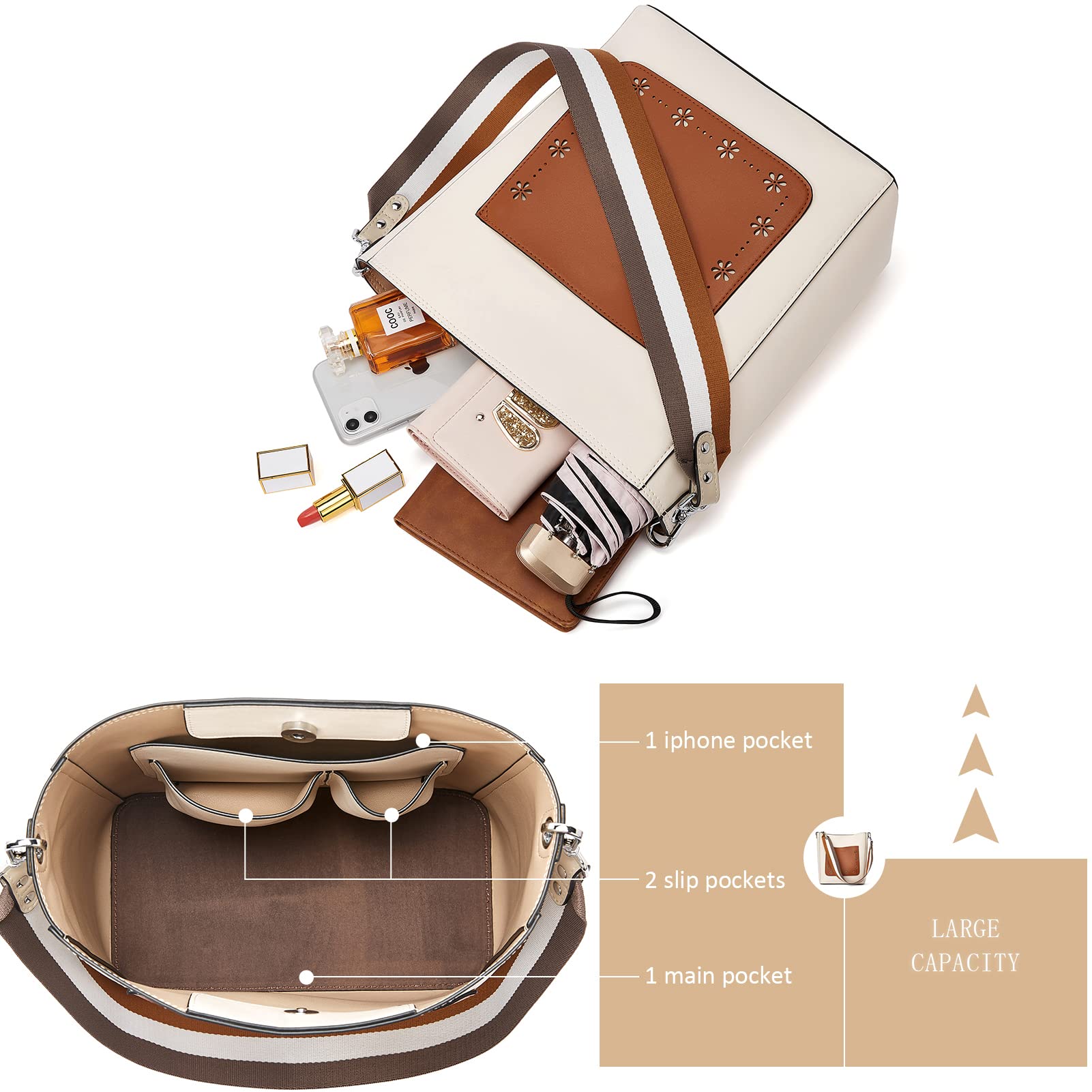 BROMEN Hobo Bags for Women Leather Handbags Designer Shoulder Bucket Crossbody Purse White