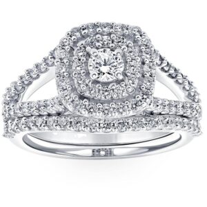 1ct lab grown diamond cushion halo engagement wedding ring set 10k white gold - size 7