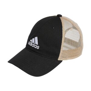 adidas men's mesh back relaxed crown snapback adjustable fit cap, black/white/khaki, one size