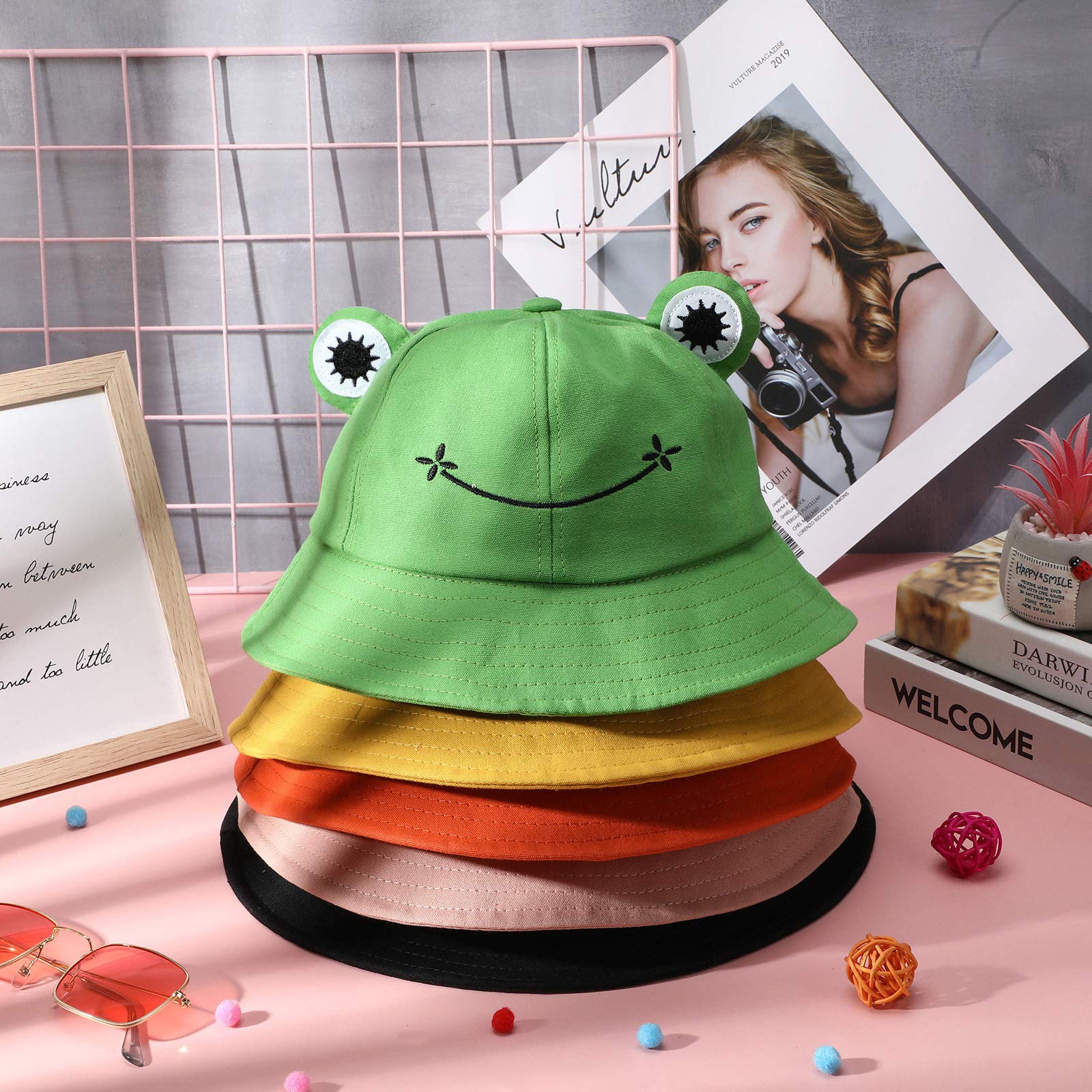 Cute Frog Bucket Hats Fisherman Cap Summer Beach Sun Protection Cap for Adults (Green, Yellow, Black, Orange, Pink, Khaki, 6)