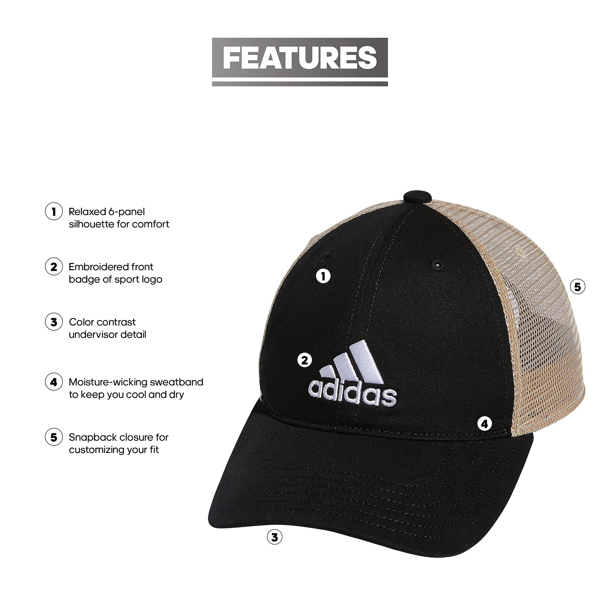 adidas Men's Mesh Back Relaxed Crown Snapback Adjustable Fit Cap, Black/White/Khaki, One Size