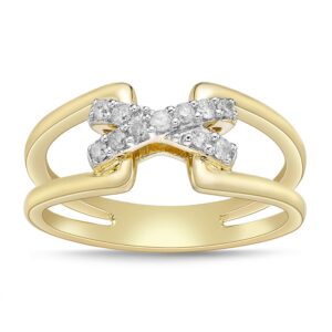 14k yellow gold plated .925 sterling silver & 1/6 cttw diamond x shaped ribbon split shank buckle statement ring (i-j color, i2-i3 clarity) - size 5