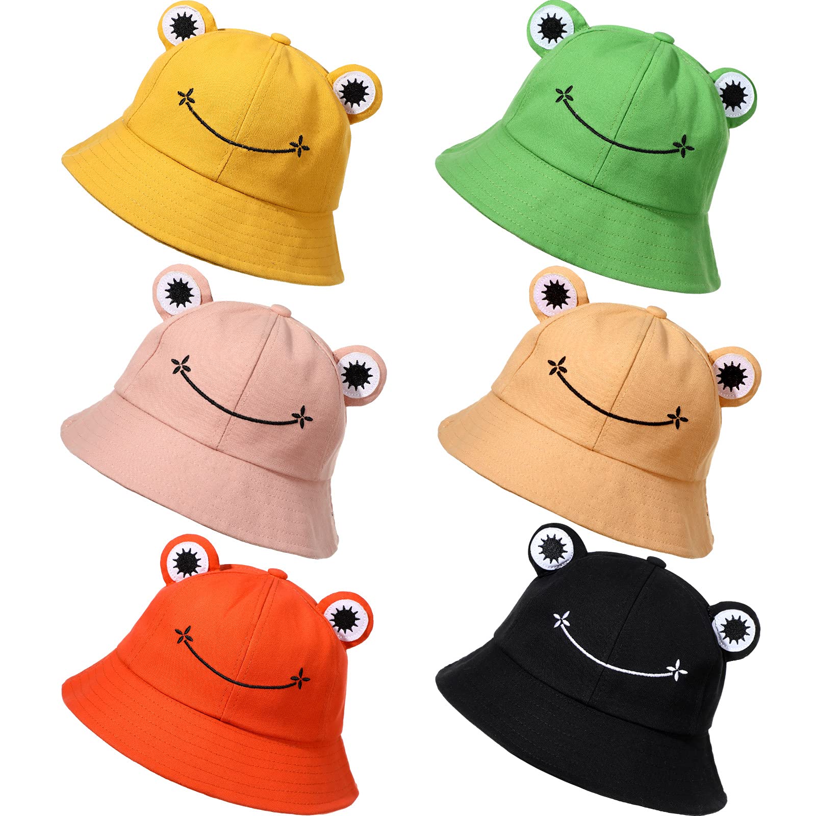 Cute Frog Bucket Hats Fisherman Cap Summer Beach Sun Protection Cap for Adults (Green, Yellow, Black, Orange, Pink, Khaki, 6)