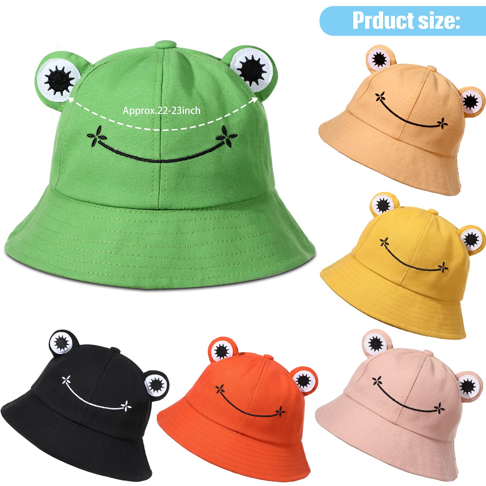 Cute Frog Bucket Hats Fisherman Cap Summer Beach Sun Protection Cap for Adults (Green, Yellow, Black, Orange, Pink, Khaki, 6)