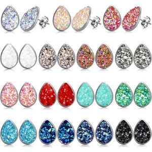 15 pairs faux druzy stud earrings teardrop glitter pierced earrings stainless steel earrings for women mothers day gift(waterdrop)