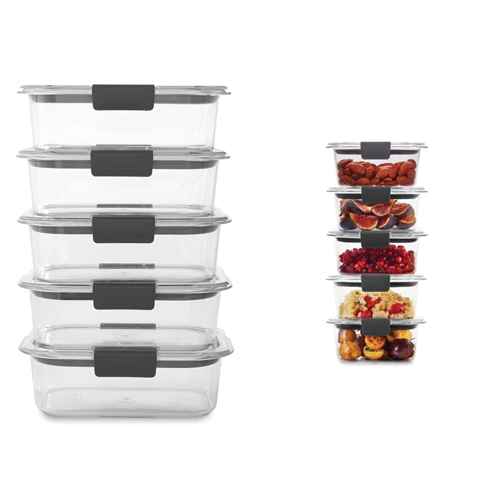 Rubbermaid Brilliance Food Storage Container, Medium, 3.2 Cup, 5 Pack, Clear & Leak-Proof Brilliance Food Storage Set, 1.3 Cup Plastic Containers with Lids, 5-Pack, Clear