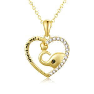 sisgem 14k yellow gold elephant heart necklace for women,real gold lucky elephant necklaces with 5a cubic zirconia,love jewelry valentine's day gifts for mother/wife,16''+2''