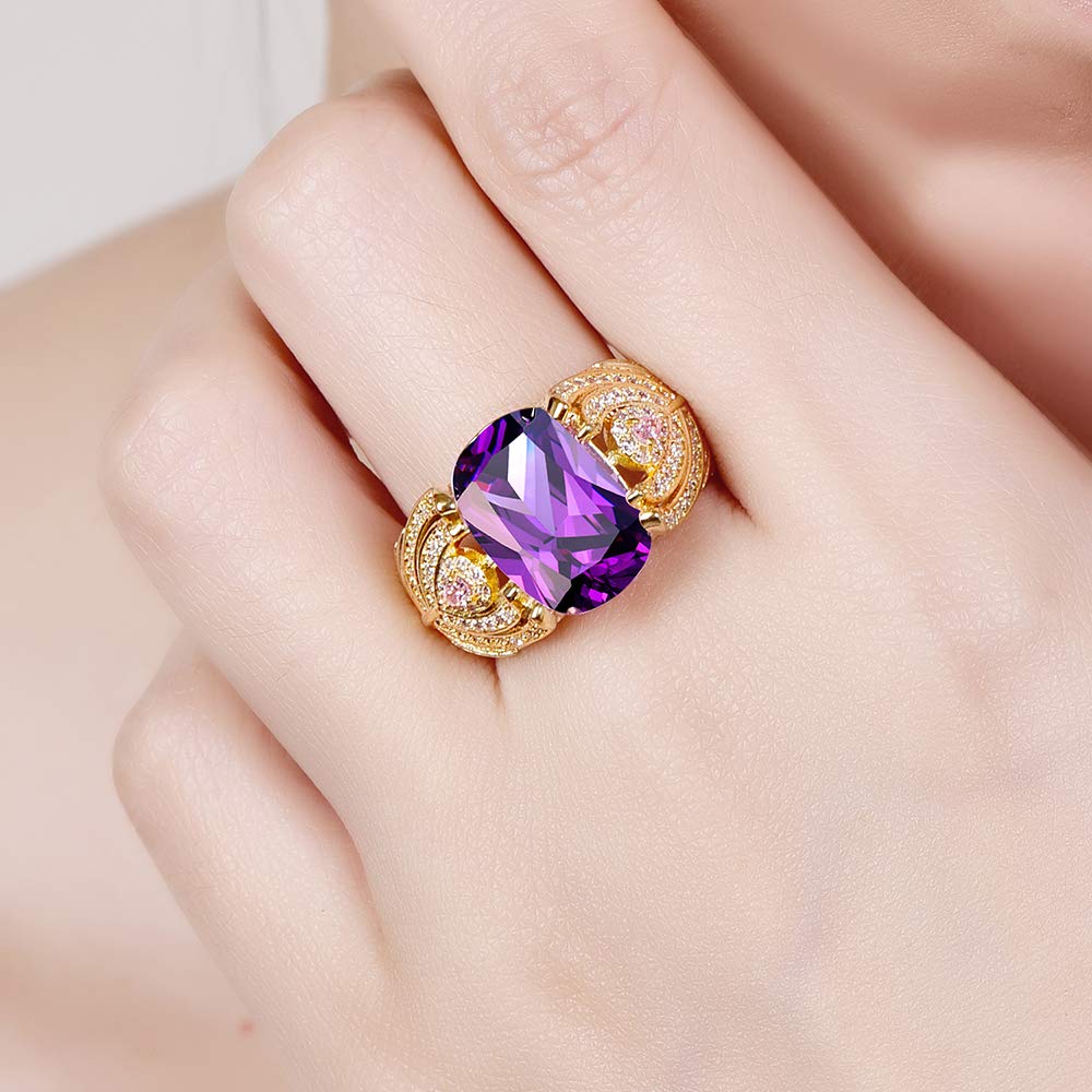 Narica Women's Yellow Gold Plated Cushion Cut Created Amethyst Rings Band CZ Filled for Mom 9#