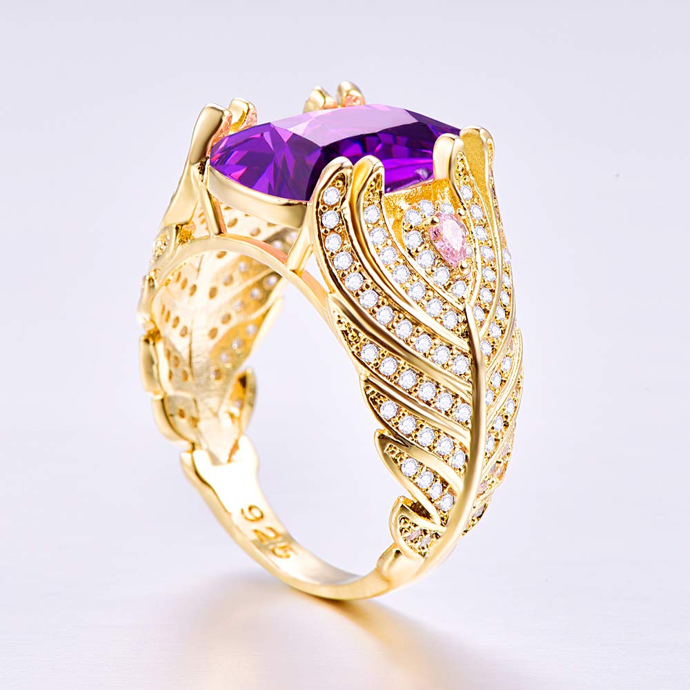 Narica Women's Yellow Gold Plated Cushion Cut Created Amethyst Rings Band CZ Filled for Mom 9#