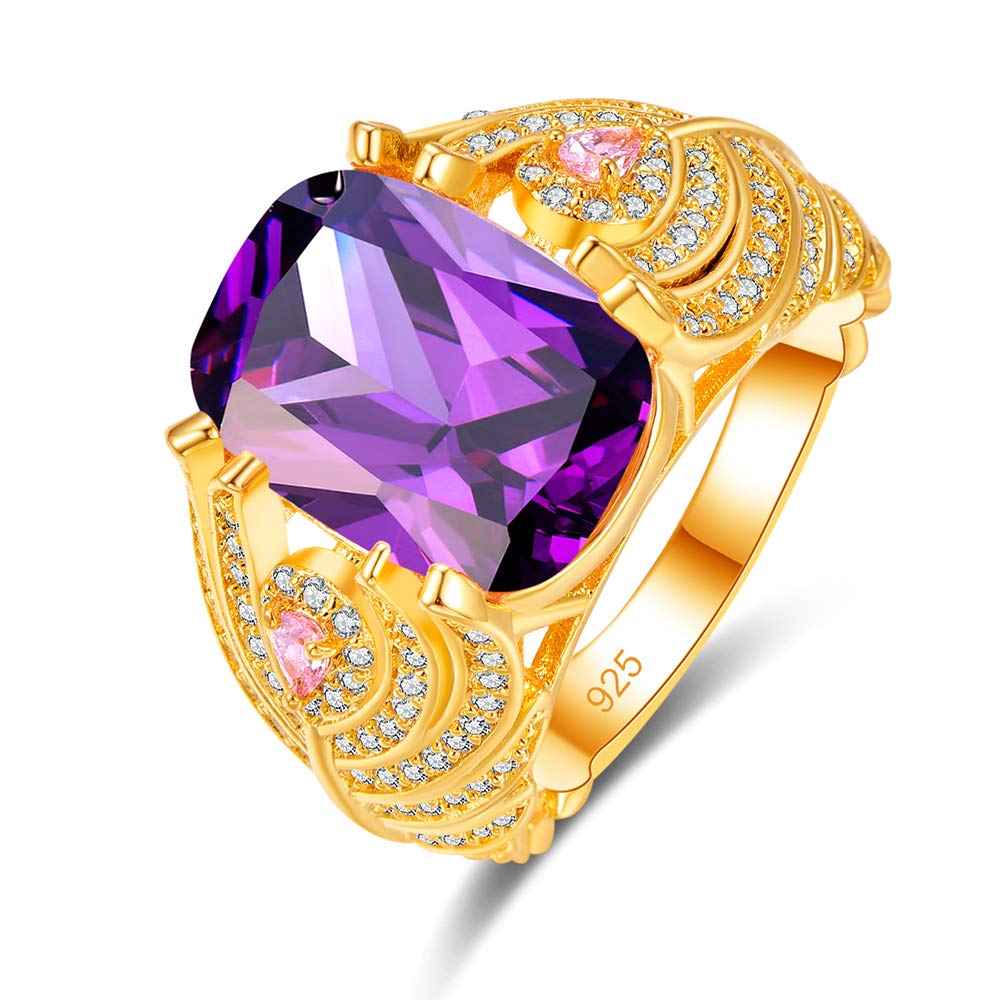 Narica Women's Yellow Gold Plated Cushion Cut Created Amethyst Rings Band CZ Filled for Mom 9#