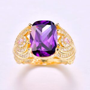 Narica Women's Yellow Gold Plated Cushion Cut Created Amethyst Rings Band CZ Filled for Mom 9#