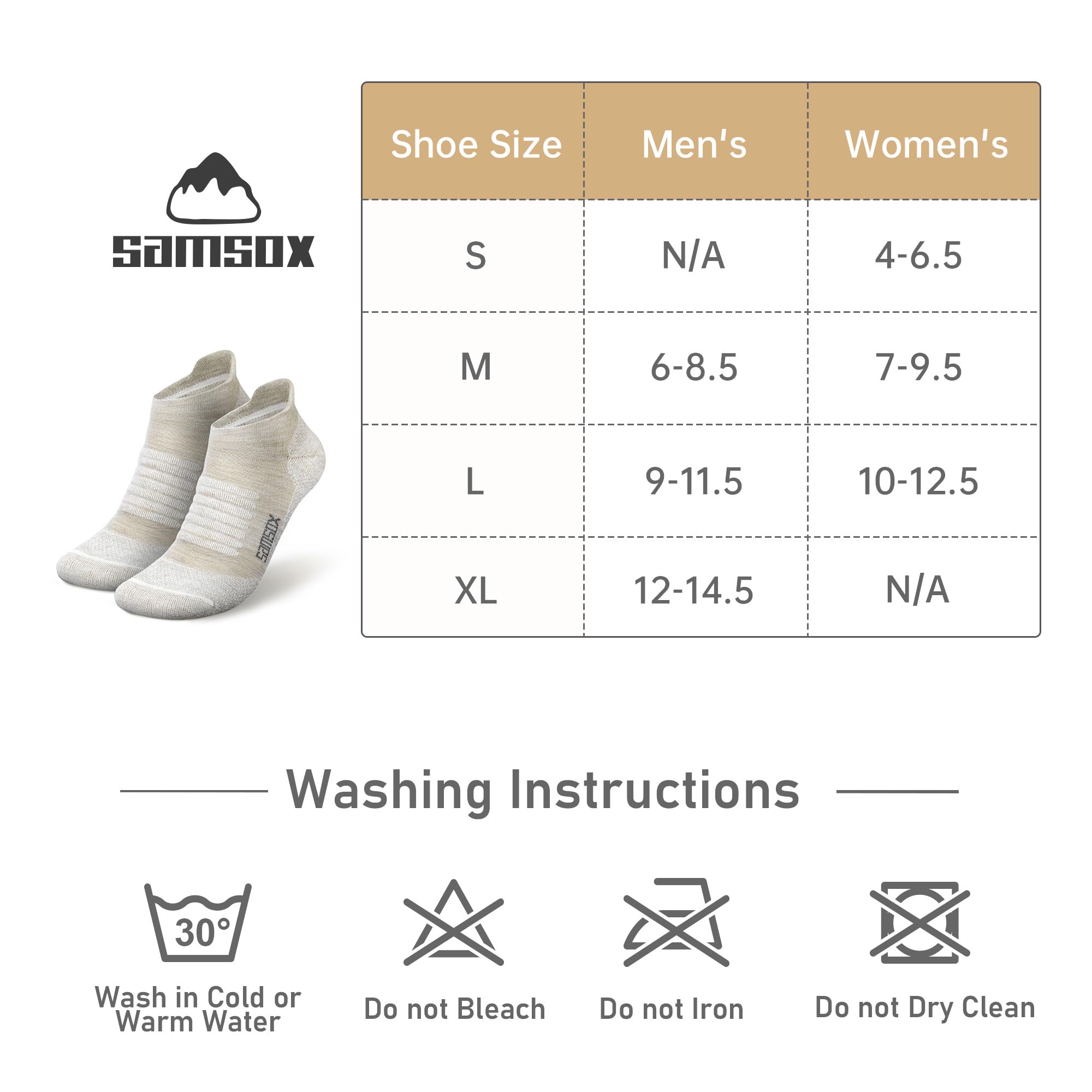 SAMSOX 2-Pair Merino Wool Running Socks, Made in USA, Oatmeal M