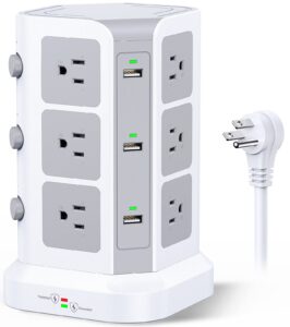 power strip tower by koosla, [15a 1500j] surge protector - 12 ac multiple outlets and 6 usb ports, flat plug 14 awg heavy-duty extension cord 6.5ft, home office supplies, dorm room essentials white