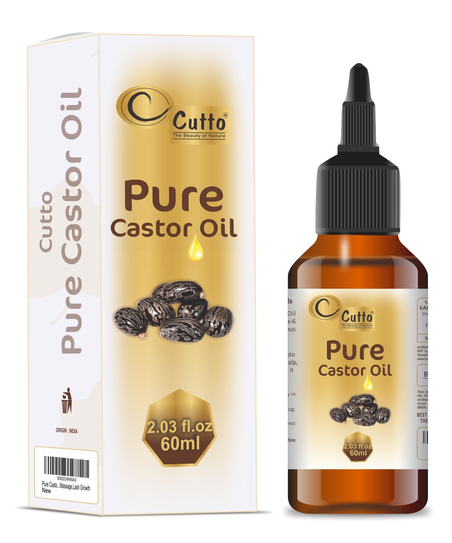 Cutto's Pure Castor Oil (2.03fl oz / 60 ml) Cold-Pressed, 100% Pure, No GMO, NO Heat treatment, Hexane Free Castor Oil - Moisturizing For Dry Skin,Hair Growth, Massage,Lash Growth