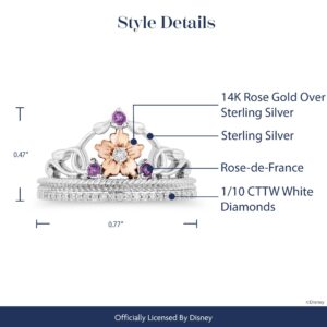 Jewelili Enchanted Disney Fine Jewelry 14K Rose Gold Over Sterling Silver 2.0 MM Round Rose-de-France and 1/10 Cttw Natural White Round Diamonds Rapunzel Ring Size 7