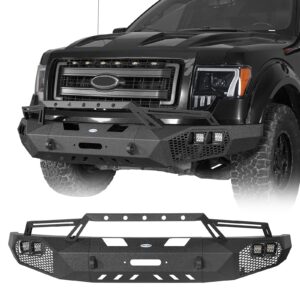 hooke road earthshaker f150 front bumper w/bull bar & winch plate for ford f-150 2009 2010 2011 2012 2013 2014 (exclude raptor), full width steel replacement bumper