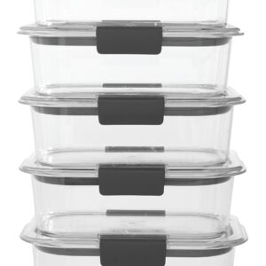 Rubbermaid Brilliance Food Storage Container, Medium, 3.2 Cup, 5 Pack, Clear & Leak-Proof Brilliance Food Storage Set, 1.3 Cup Plastic Containers with Lids, 5-Pack, Clear