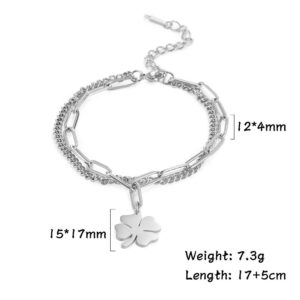 LIKGREAT 4 Leaf Clover Bracelet Double Chains Lucky Love Symbol Four Leaf Clover Charm Bracelet for Women(Silver Tone)