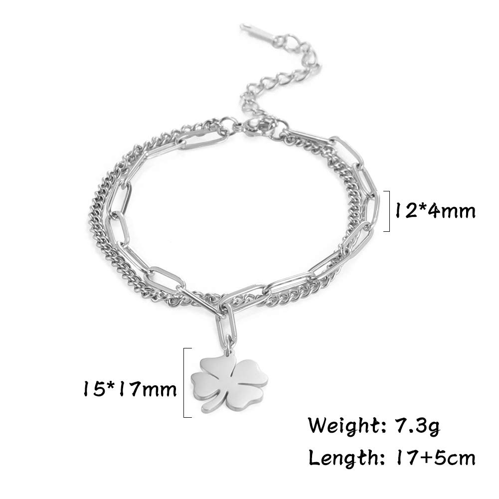 LIKGREAT 4 Leaf Clover Bracelet Double Chains Lucky Love Symbol Four Leaf Clover Charm Bracelet for Women(Silver Tone)