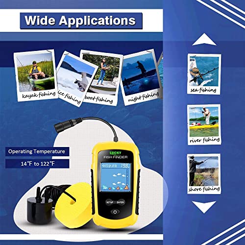 LUCKY Kayak Portable Fish Depth Finder Water Handheld Fish Finder Sonar Castable Kayak Boat Fishfinder Transducer Fishing LCD Display FFC1108