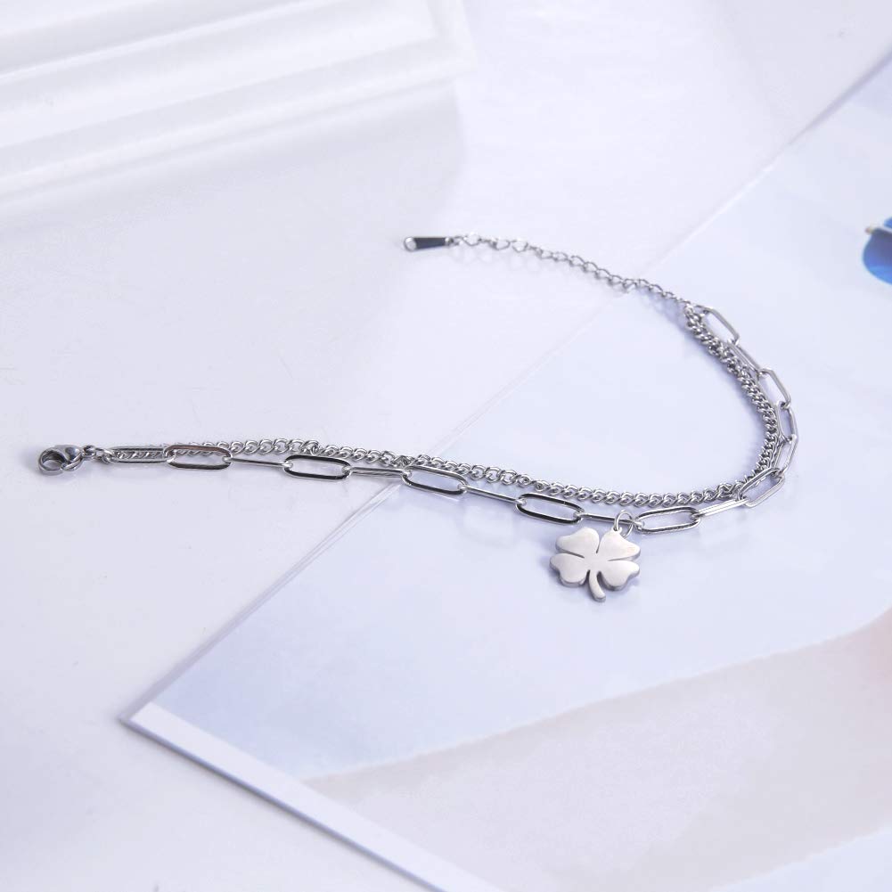 LIKGREAT 4 Leaf Clover Bracelet Double Chains Lucky Love Symbol Four Leaf Clover Charm Bracelet for Women(Silver Tone)