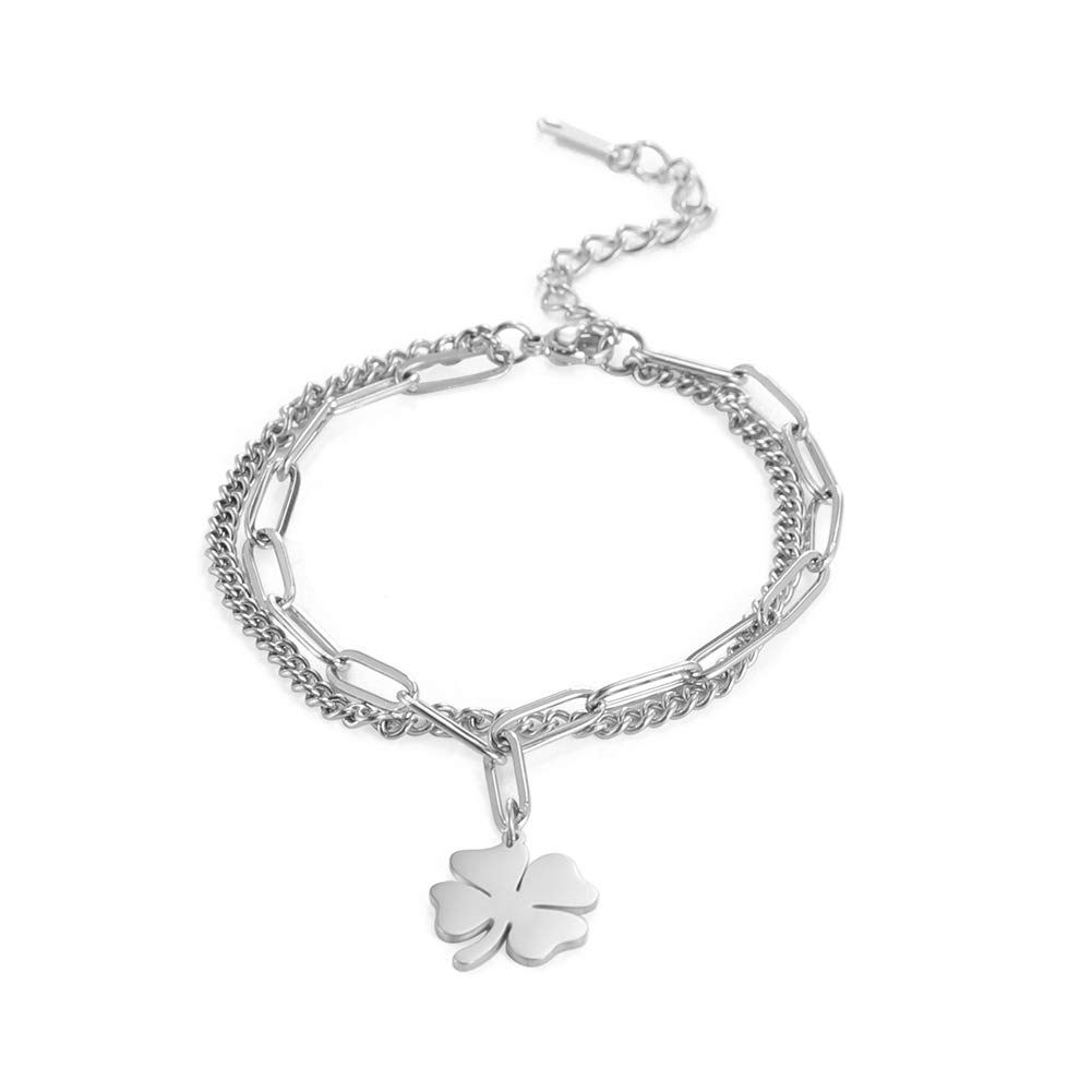 LIKGREAT 4 Leaf Clover Bracelet Double Chains Lucky Love Symbol Four Leaf Clover Charm Bracelet for Women(Silver Tone)