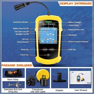 LUCKY Kayak Portable Fish Depth Finder Water Handheld Fish Finder Sonar Castable Kayak Boat Fishfinder Transducer Fishing LCD Display FFC1108