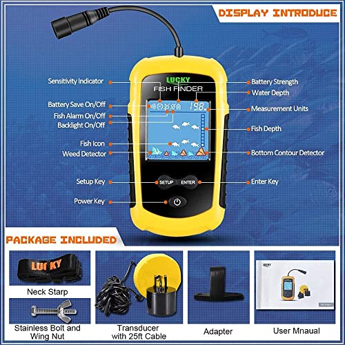 LUCKY Kayak Portable Fish Depth Finder Water Handheld Fish Finder Sonar Castable Kayak Boat Fishfinder Transducer Fishing LCD Display FFC1108