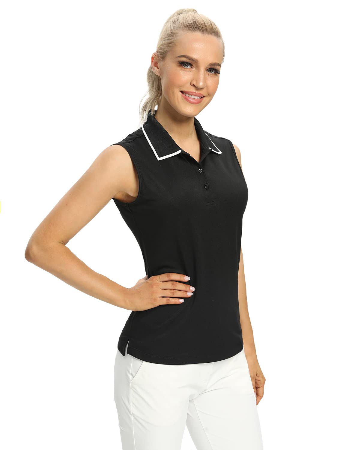 Hiverlay Polo Shirts for Women Sleeveless Golf Tank Tops Tennis Shirt Dry Fit UPF 50+ Lightweight Collared Ladies Tops Black XXL