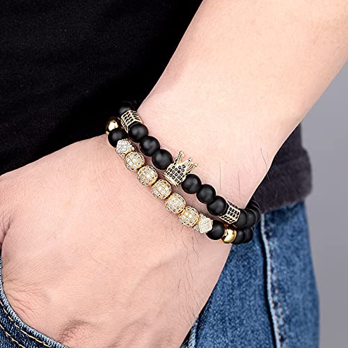 SONNYX 4Pcs 8mm Crown King Charm Beads Bracelet for Men Women Natural Black Matte Onyx Stone Beads Elastic Adjustable